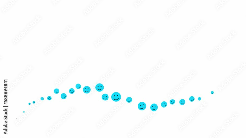 Animated symbols of smileys fly from left to right. A wave from blue ...