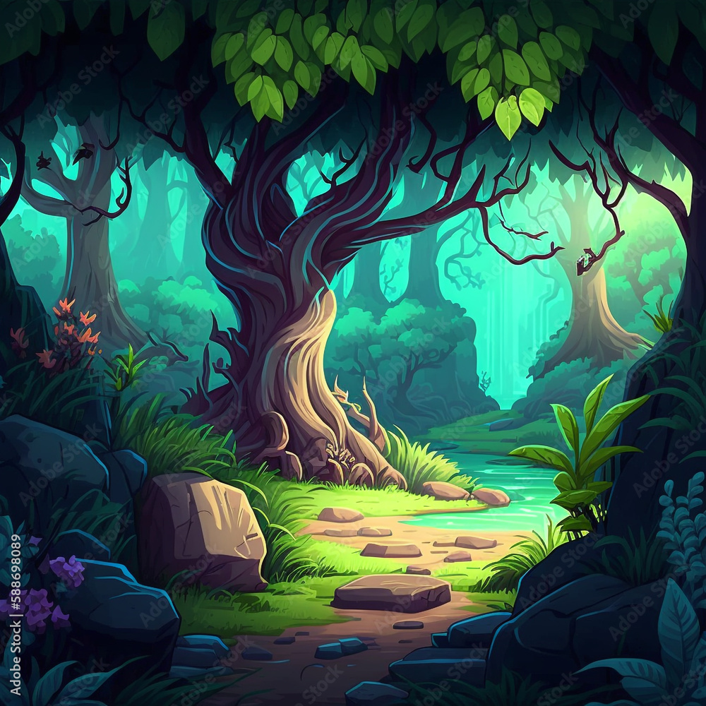 Forest landscape rope bridge forest cartoon illustration Stock Photo ...