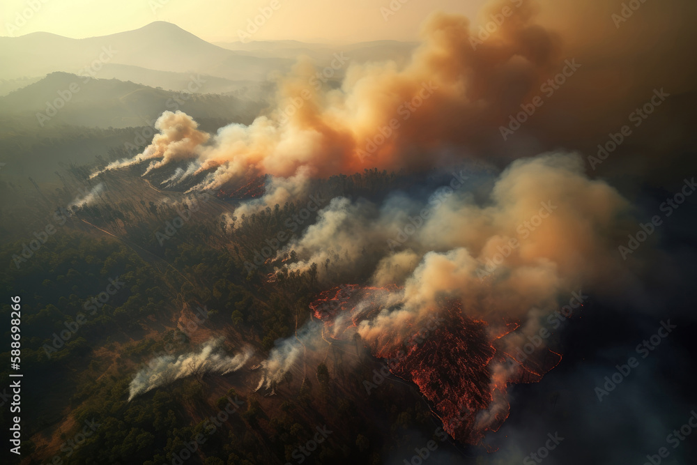 Aerial photography of a massive forest fire in the Canada 2023. Drone top view of wildfire with ...