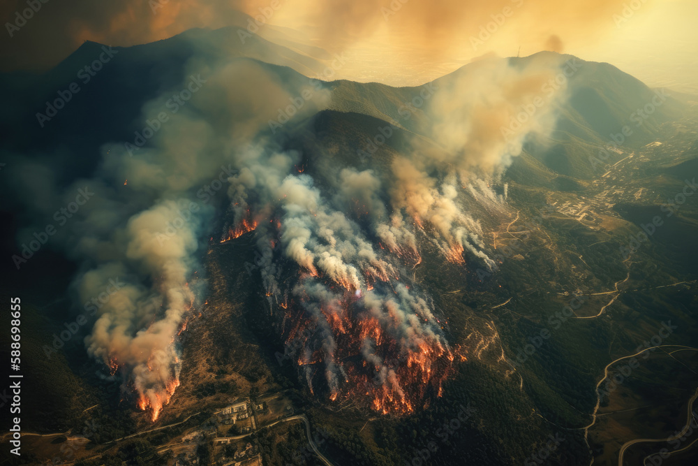 Aerial photography of a massive forest fire. Drone top view of wildfire with smoke and burning ...