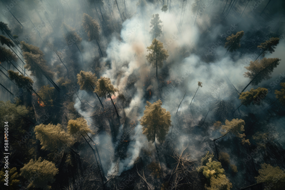 Aerial photography of a massive forest fire. Drone top view of wildfire with smoke and burning ...