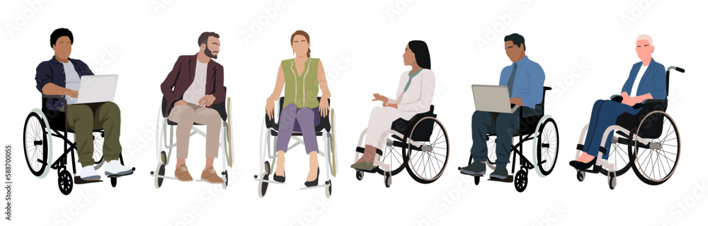 Disabled people at work vector set. Different business men and women in ...