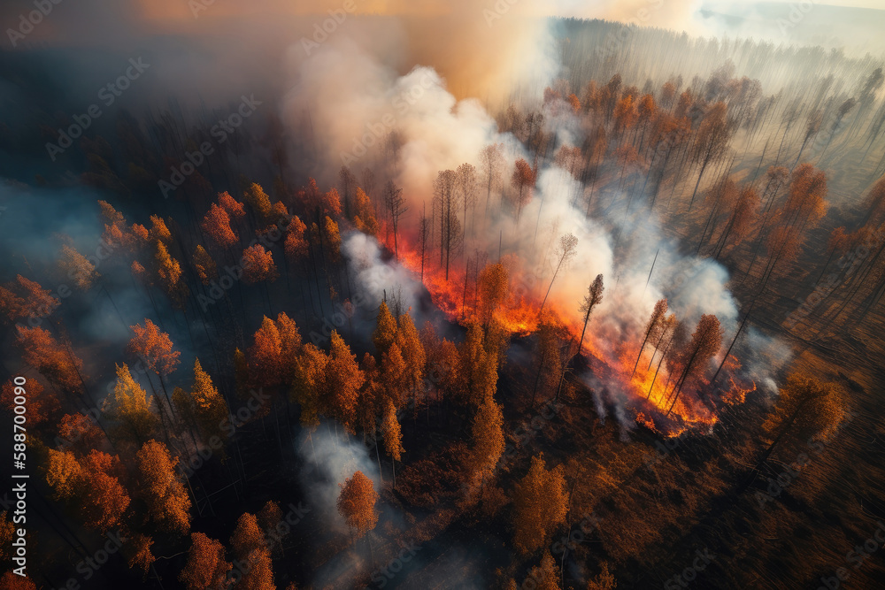 Aerial photography of a massive forest fire. Drone top view of wildfire with smoke and burning ...