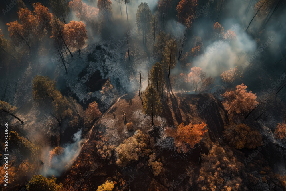 Aerial photography of a massive forest fire. Drone top view of wildfire with smoke and burning ...