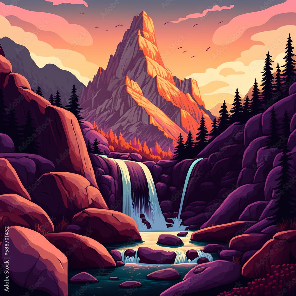 landscape of a forest with a waterfall, rivers, trees and a blue sky ...