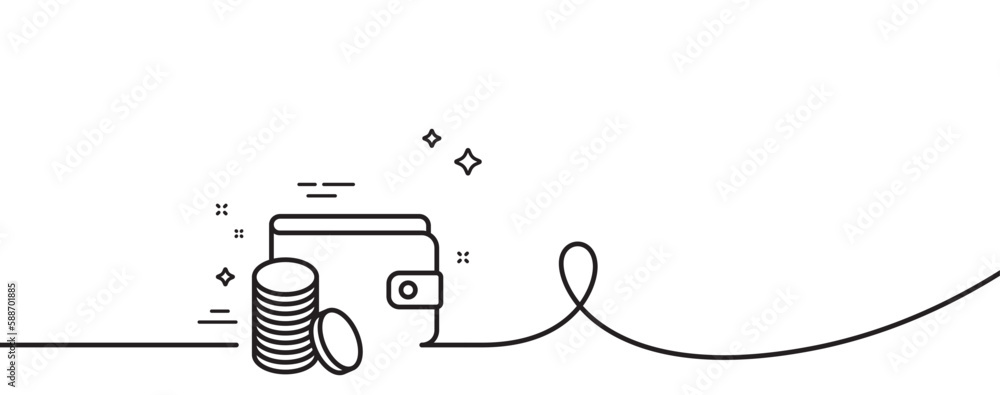 Wallet with Coins line icon. Continuous one line with curl. Cash money ...