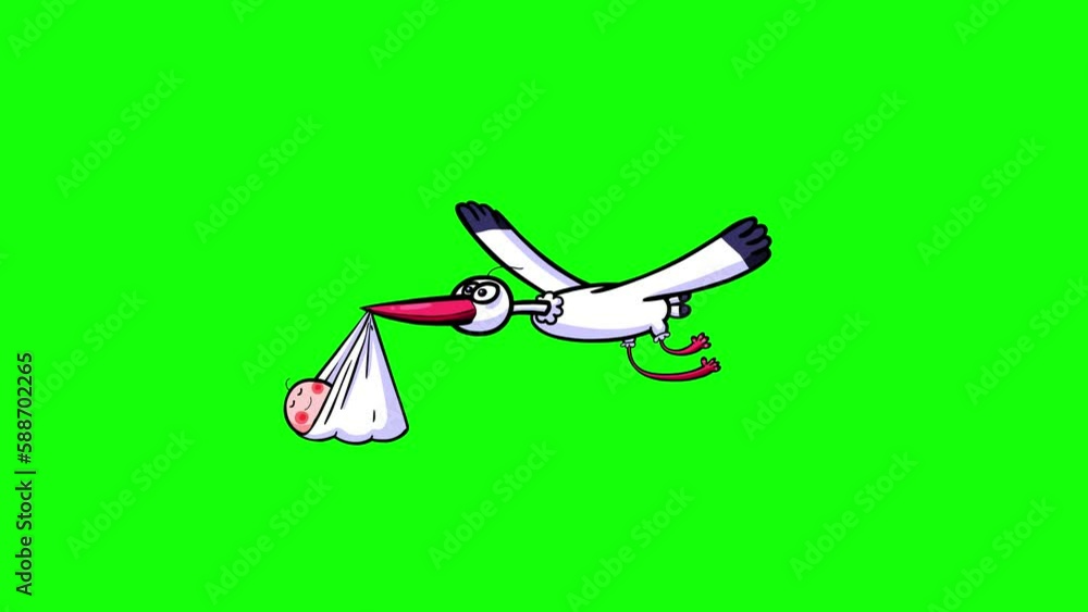 Cartoon stork with smiling baby flying on green screen. Big bird good ...