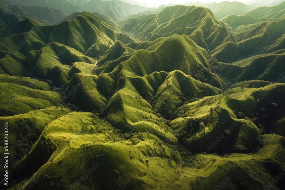 Aerial view of a mountain landscape. Mountains and valleys covered with ...