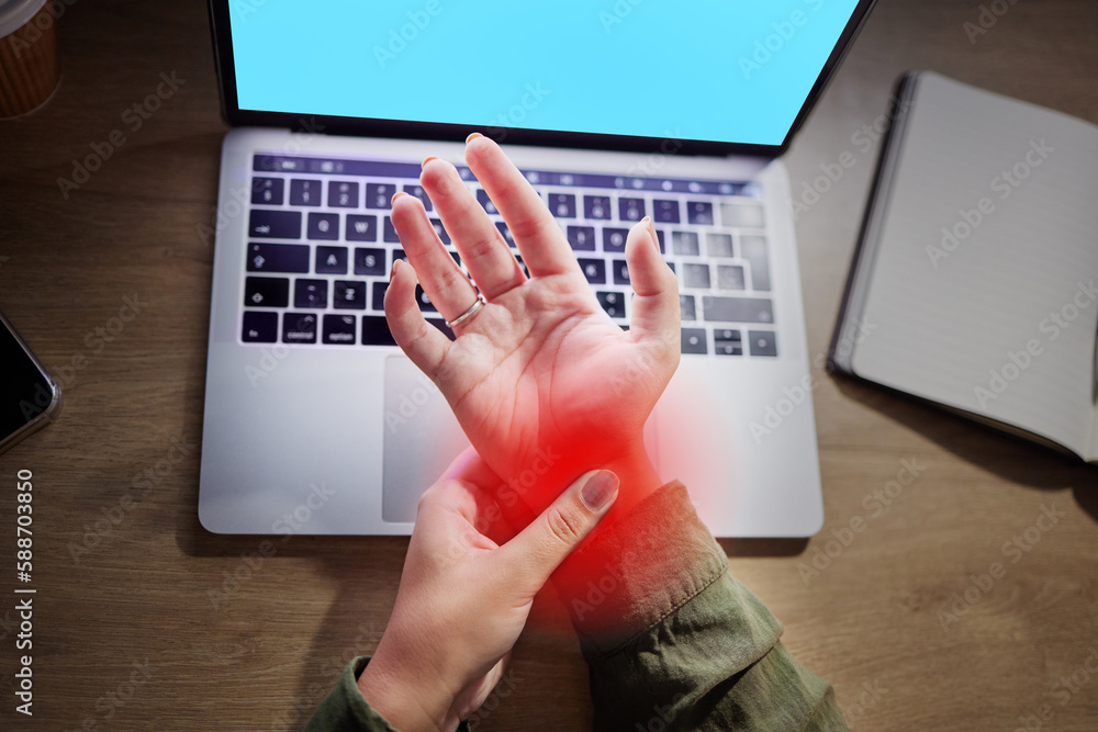 Wrist pain, hands and woman at desk with laptop, green screen and ...