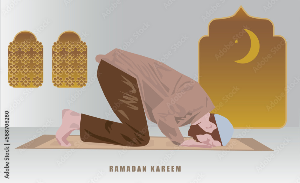 vector man person is focus prostrate islam pray sujud in mosque with ...