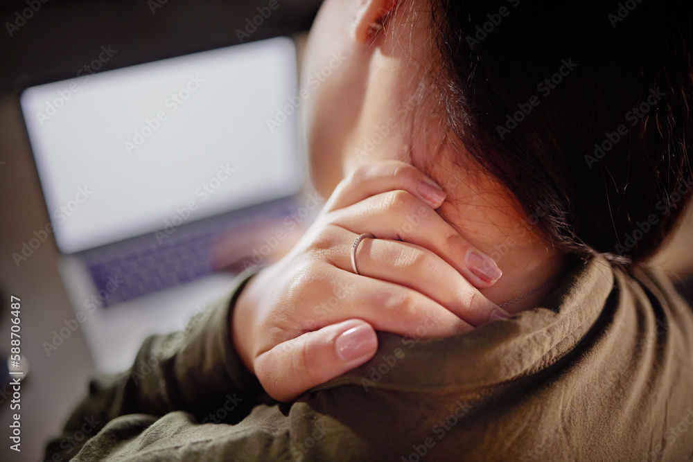 Neck pain, hand and woman with closeup at desk with laptop, stiff joint ...
