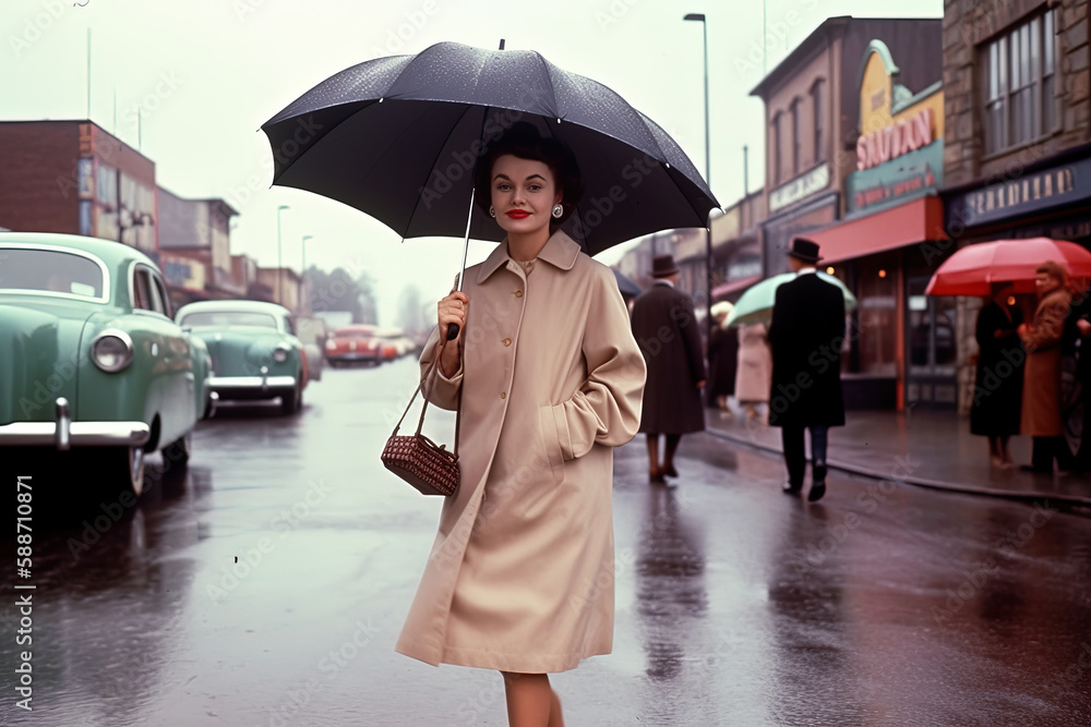 1960s woman walking in the rain with an umbrella created with ...