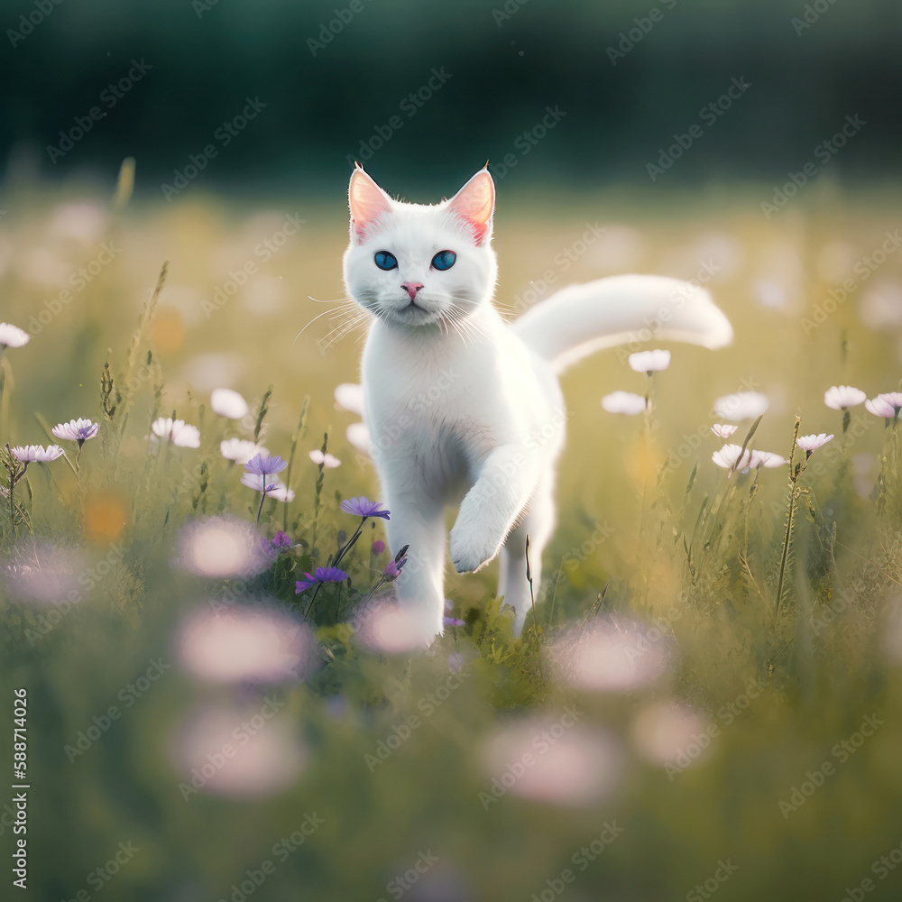 chat blanc qui cours dan sun champ fleuri Stock Illustration | Adobe Stock