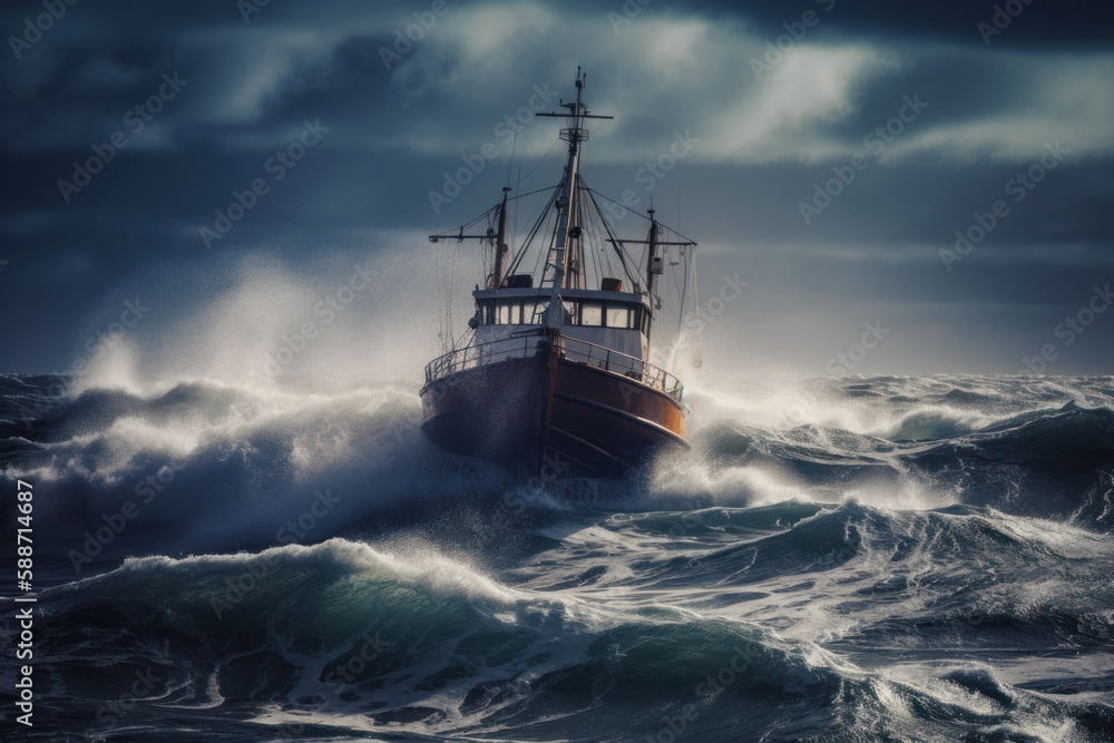 A dramatic photography of a fishing trawler battling through a violent ...