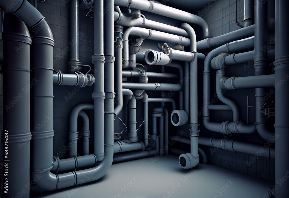 Plumbing pipe system. Steel pipe plumbing in concrete room. Pipeline ...