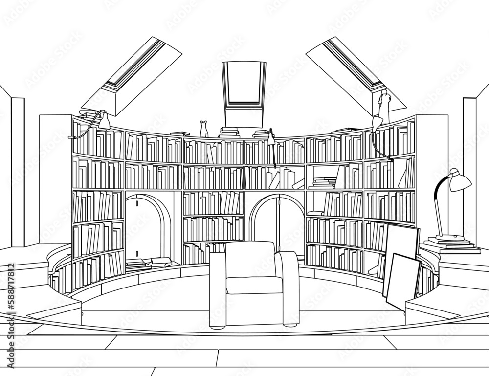 Outline of a library with a lot of books with an armchair from black ...