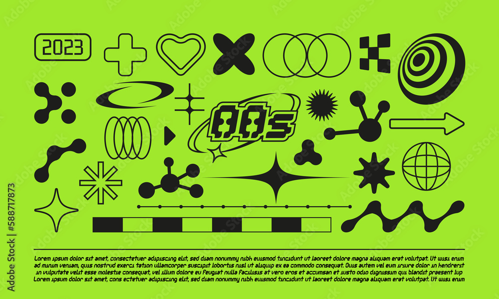 Set with different Y2k elements for design.Trendy geometric brutalism ...