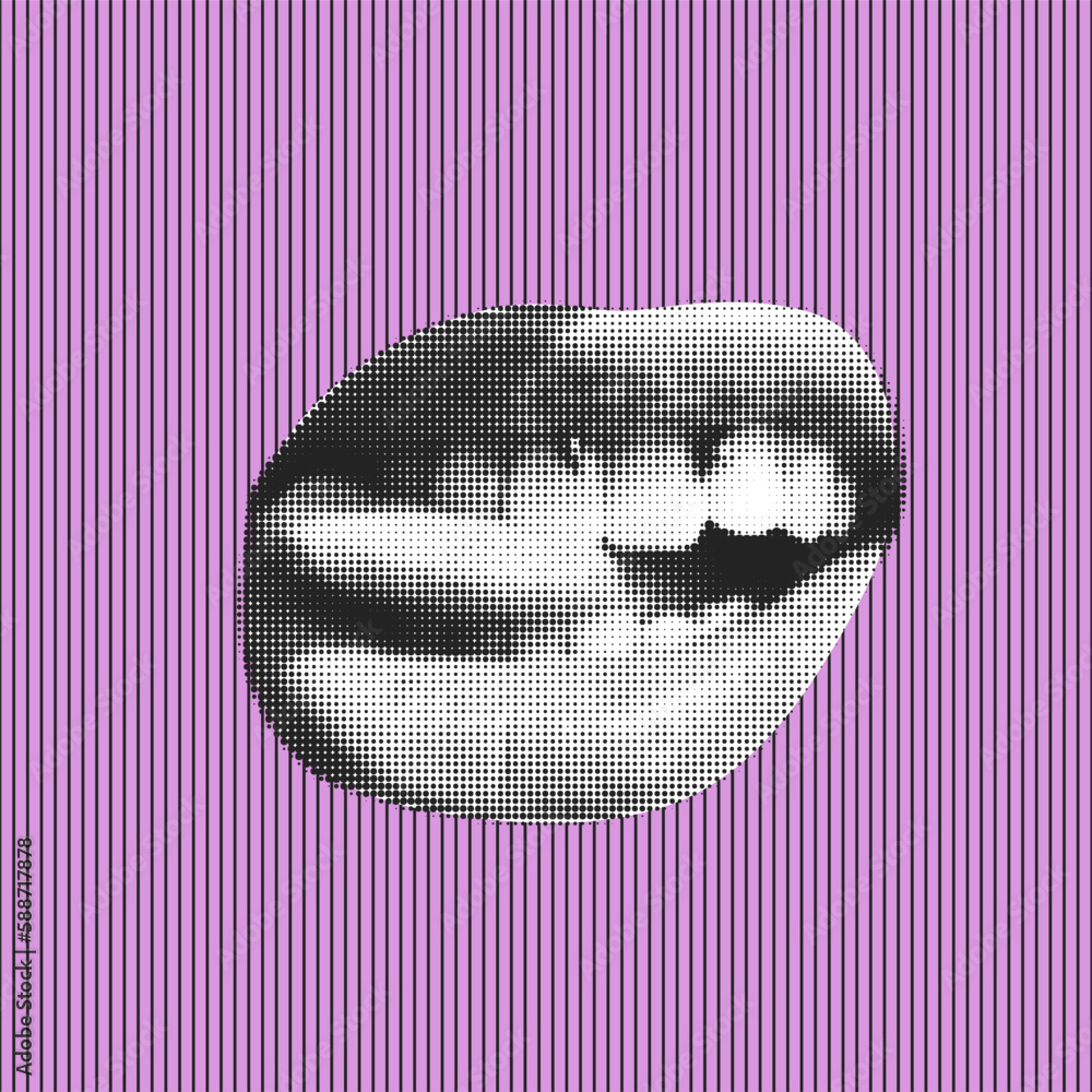 Contemporary art collage with female open mouth. Female halftone lips ...