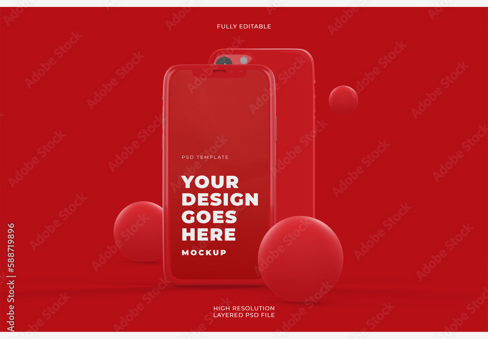 Red Smartphones Mockup with 3D Geometry Floating Shapes on Light Red ...