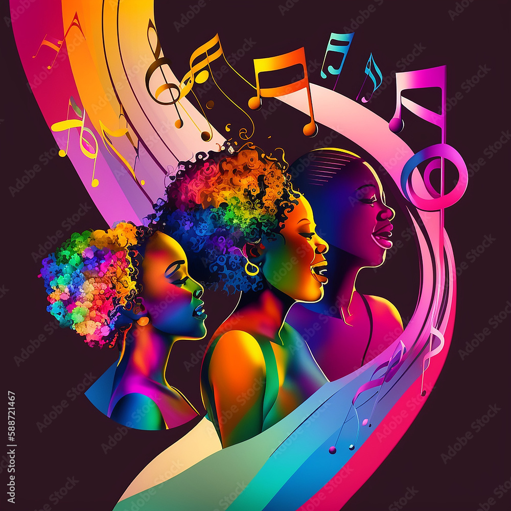 black women singing and dancing with music notes and rainbow background ...