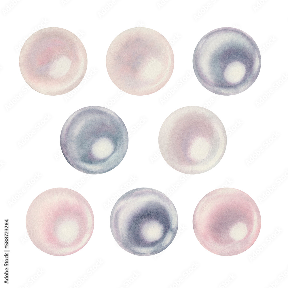 Watercolor hand drawn illustration of sea pearls. Groups and individual ...