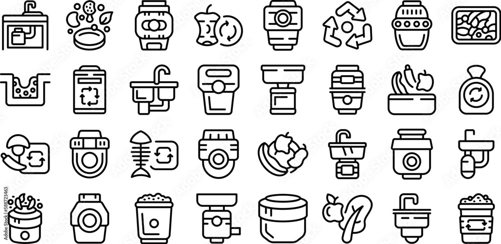 Food Waste Disposer icons set outline vector. Garbage sink. Waste food ...