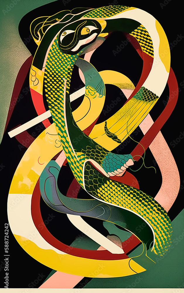 Abstract green snake in a Cubist screen print style. Generative AI ...