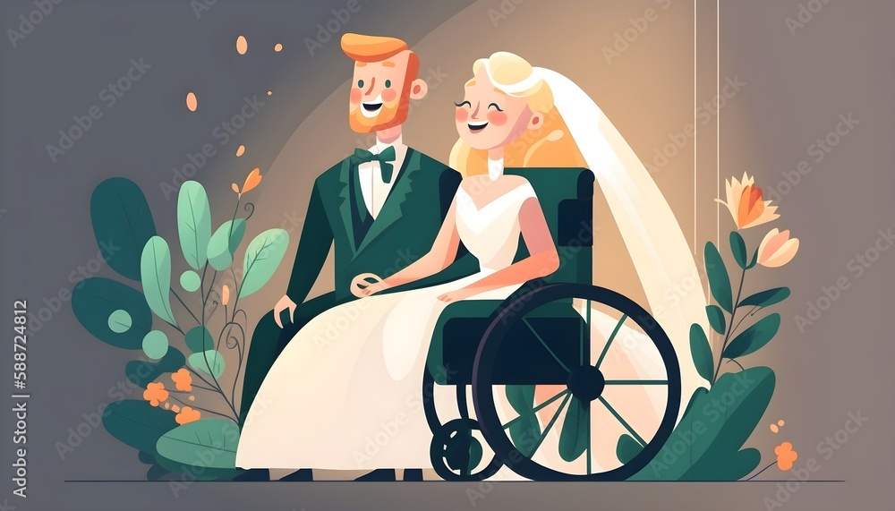 Disabled bride and groom couple getting married in a wheelchair ...