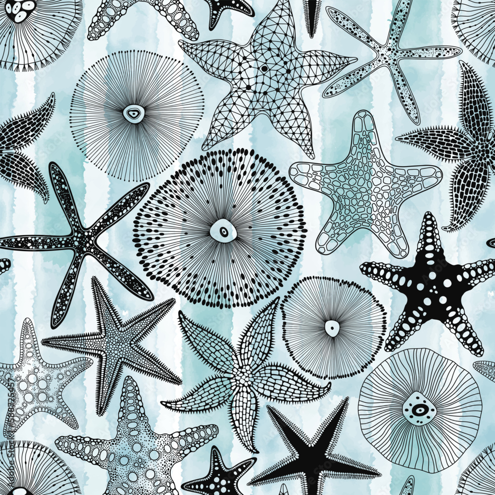 Sea creatures on a blue watercolor background. Art sea background ...