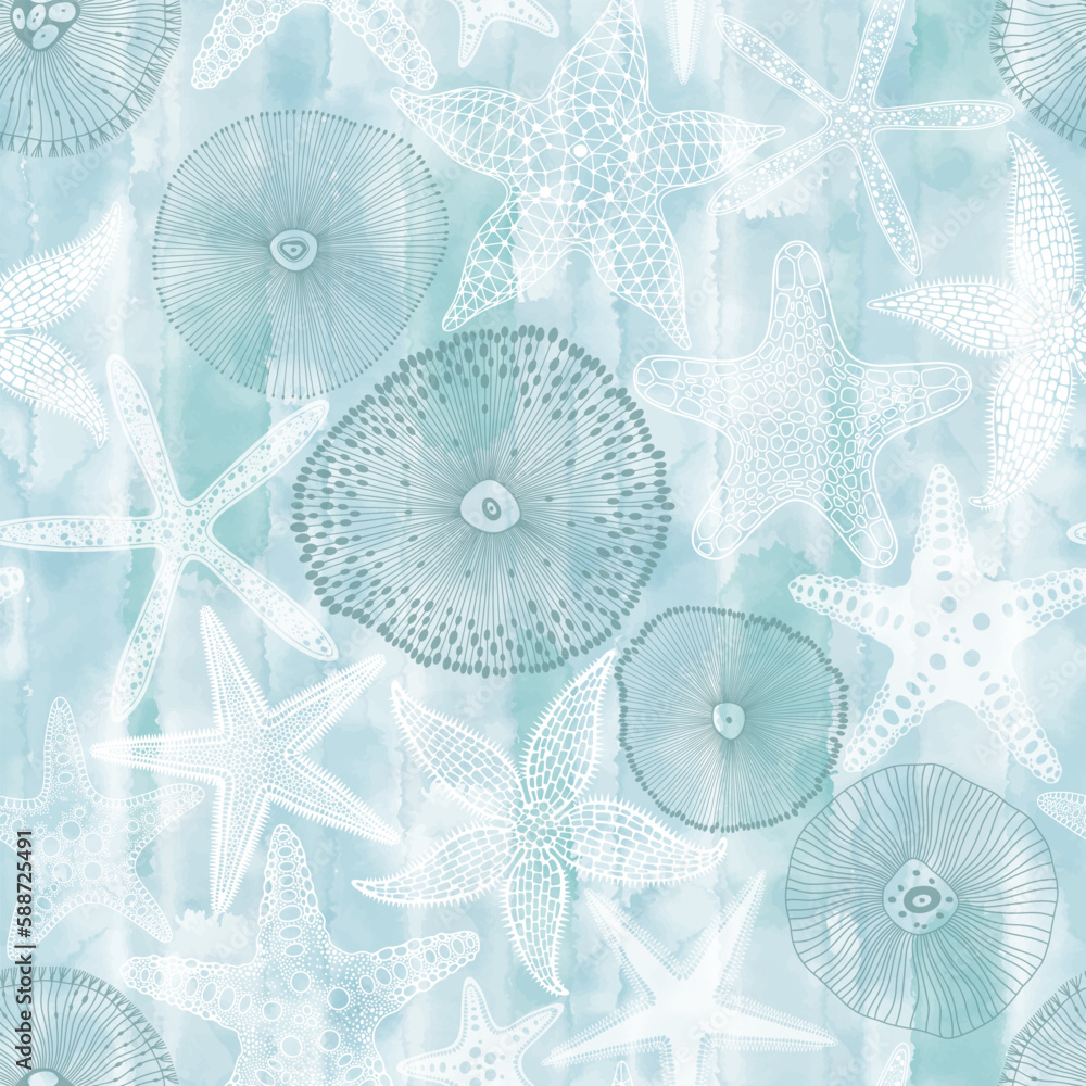 Sea creatures on a blue watercolor background. Art sea background ...