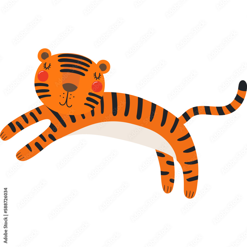Cute funny jumping tiger cartoon character illustration. Hand drawn ...