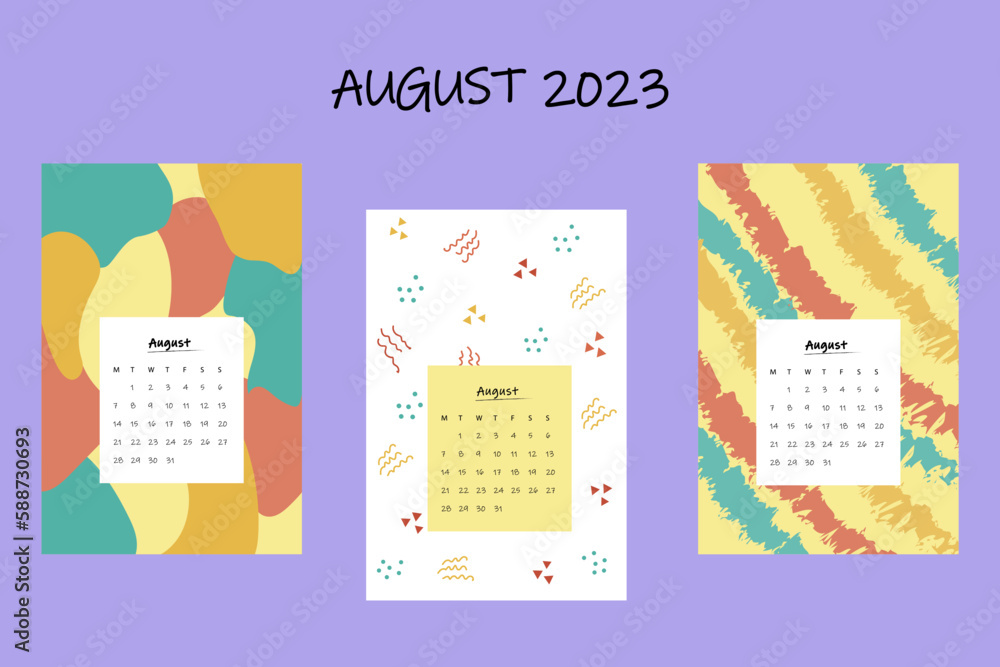 Summer calender 2023 design. August month calendar. Set calendars 2023 ...