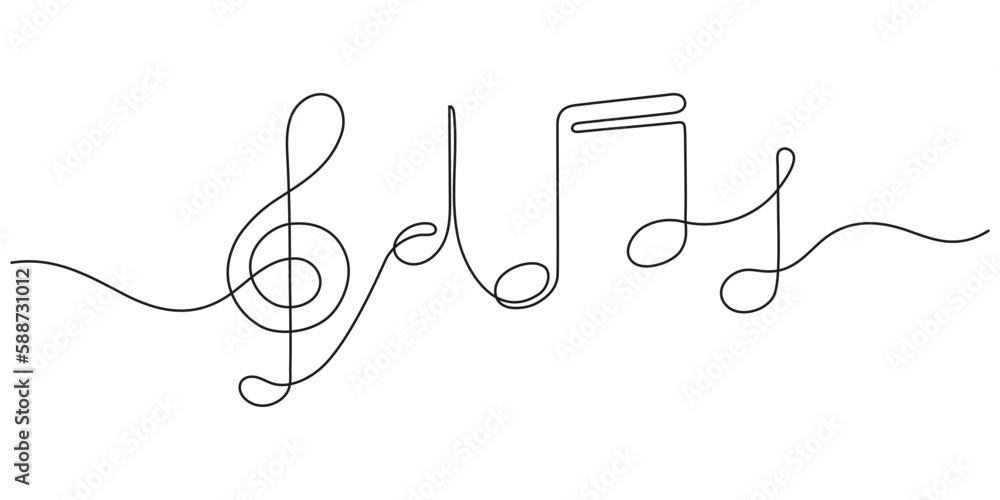Music note and treble clef, continuous one art line drawing. Music ...