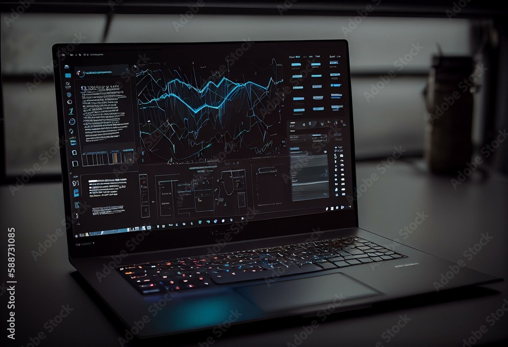 Realistic dark laptop mock up with analytics dashboards. Charts and ...