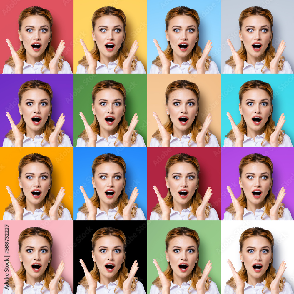 Wow. Face portrait excited surprised, shocked happy woman wide open ...