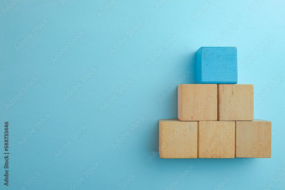Blue wooden cubes for put text,logo or infographic stacking in pyramid ...