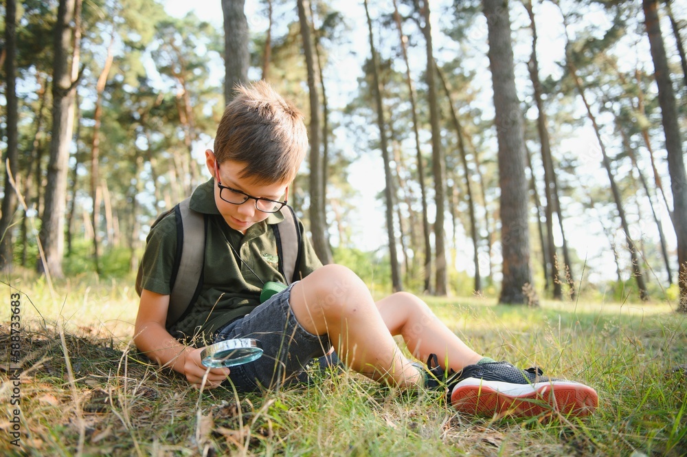 schoolboy is exploring nature with magnifying glass. Summer vacation ...