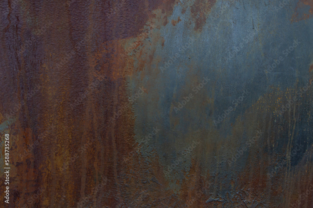 dark background , texture. Copper wall with blue oxidation and rust ...