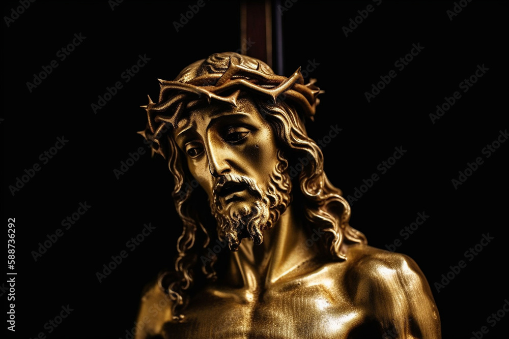 Jesus Christ golden or gold statue with thorns. Christianity messiah or ...
