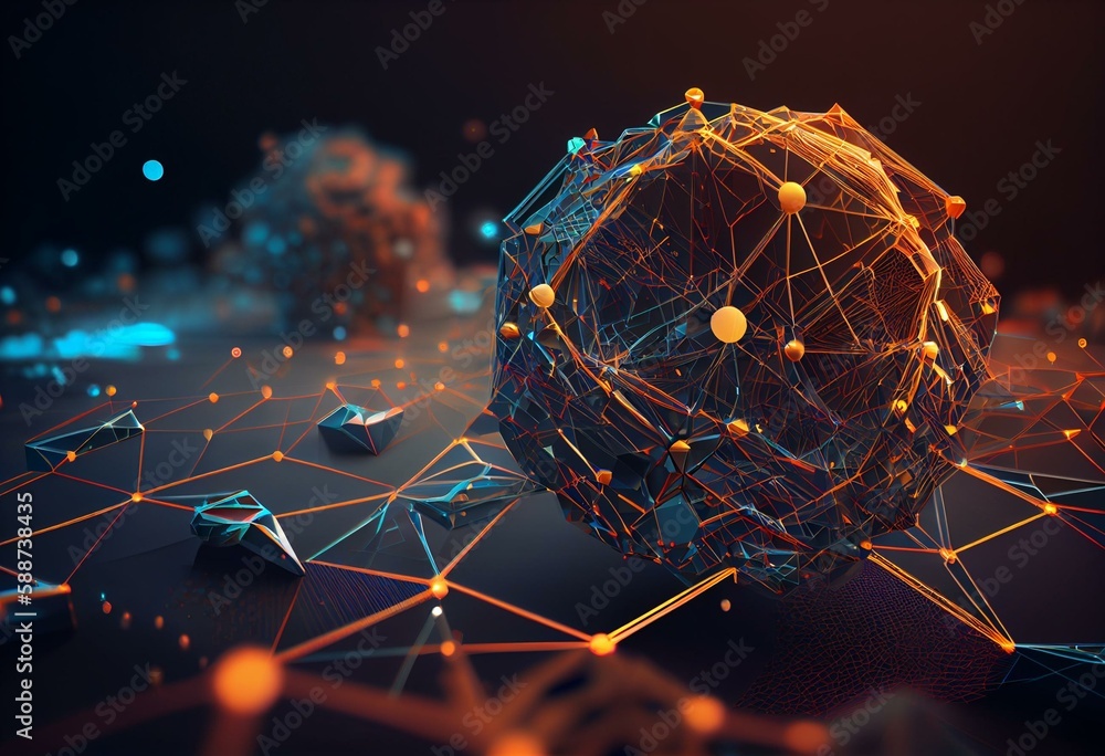 Global network. Blockchain 3D illustration. Neural networks and ...