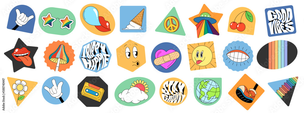 Retro groovy elements sticker pack. Funny psychedelic hippie cartoon ...