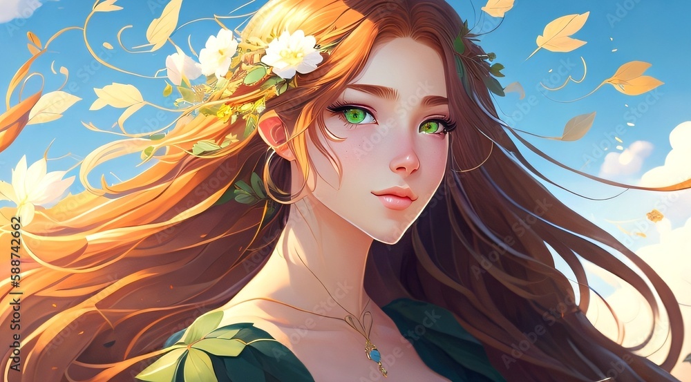 Beautiful Anime Girl With Long Brown Hairs, Wearing A Beautiful Green ...