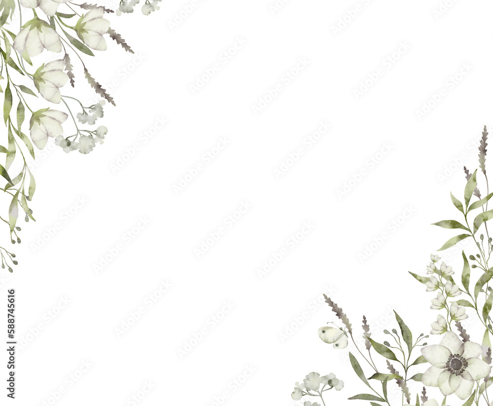 Floral background with wildflowers and leaves decoration. Watercolor ...