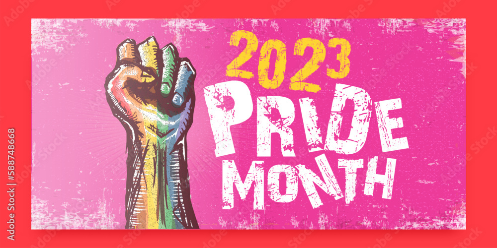 Happy Pride Month 2023 Horizontal Poster With Rised Lgbt Fist Colored