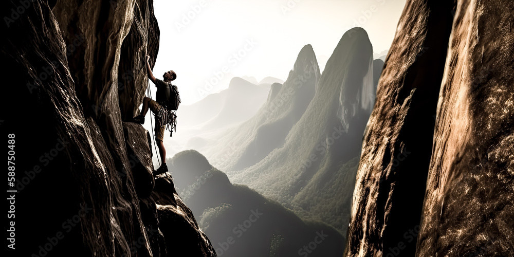 A mysterious figure is seen climbing a jagged mountain, striving to ...