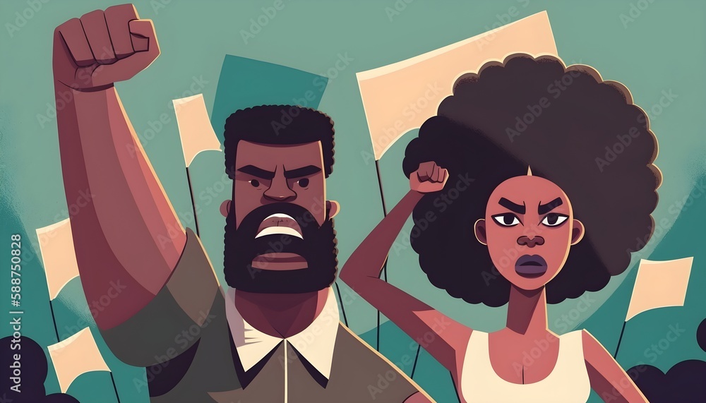 Stylized drawing of diverse black man and a black women with raised ...