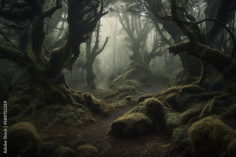 twisted and gnarled trees, casting long shadows and rustling ominously ...