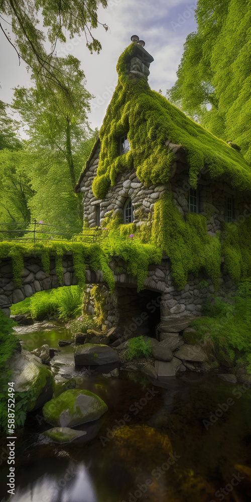 giant massive moss covered irish stone fantasy cottage built on top of ...