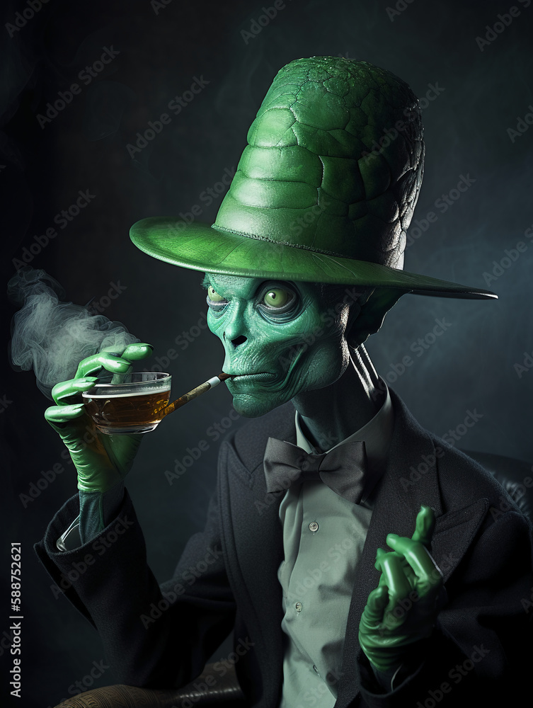 Glamorous photo of a grey roswell Alien drinking beer and smoking a ...