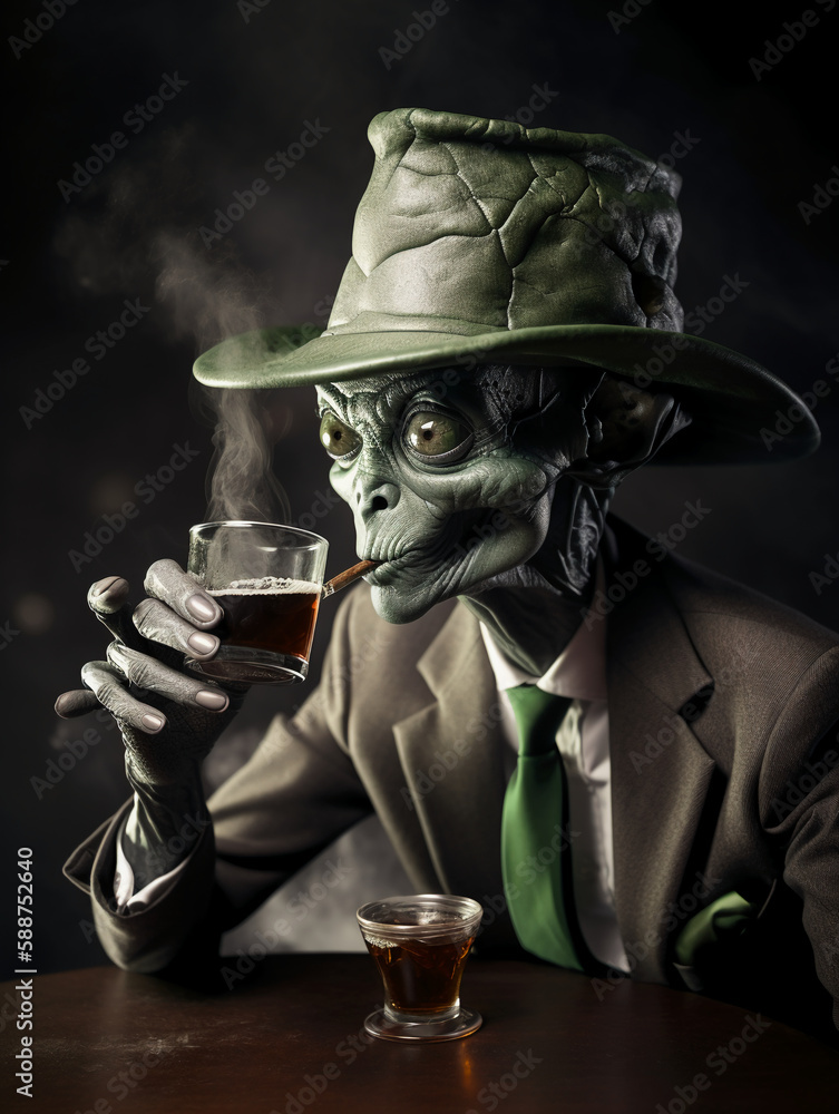 Glamorous photo of a grey roswell Alien drinking beer and smoking a ...